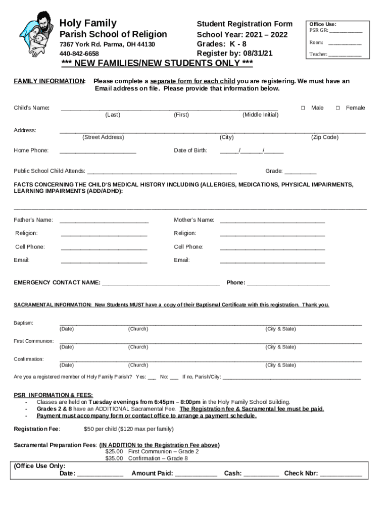 Holy FamilyStudent Registration Doc Template | pdfFiller