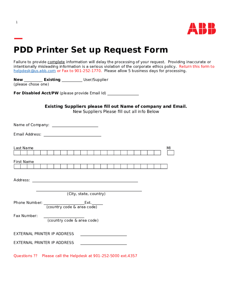 PDD Printer Set up Request Doc Template | pdfFiller