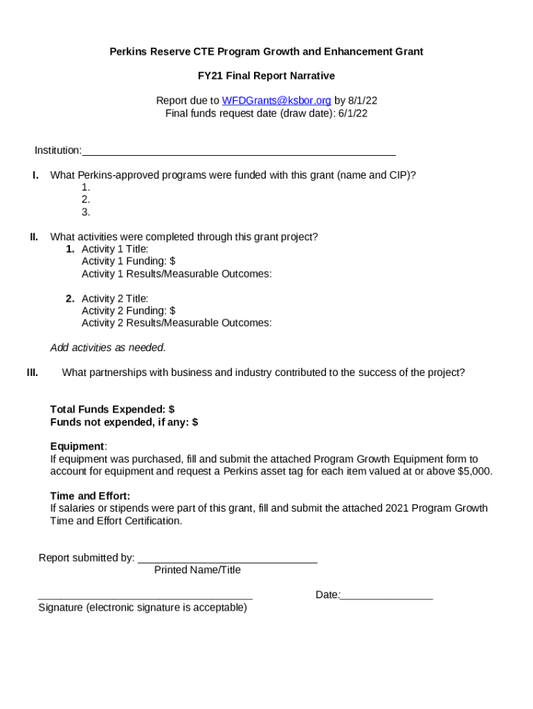 FY21 Carl D. Perkins Reserve Fund CTE Program Growth ... Doc Template | pdfFiller