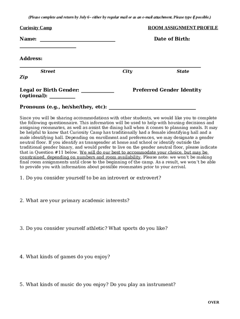 Room Assignment Questionnaire Doc Template | pdfFiller