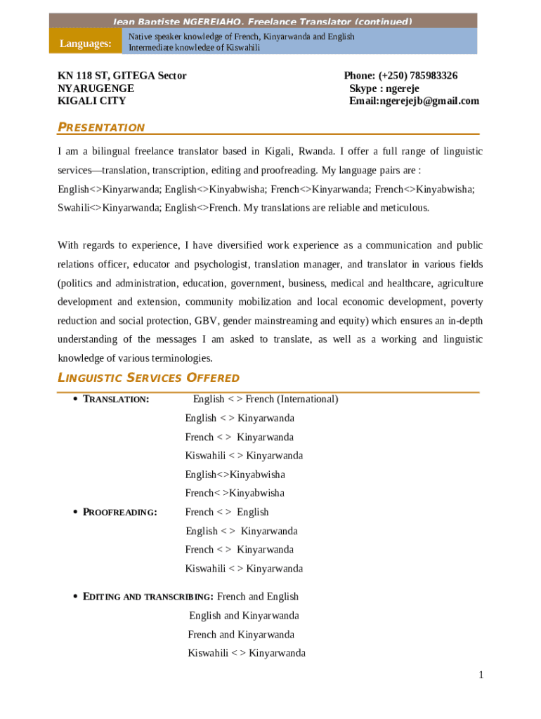 Jean Baptiste Ngerejaho English to Kinyarwanda Translator Doc Template ...