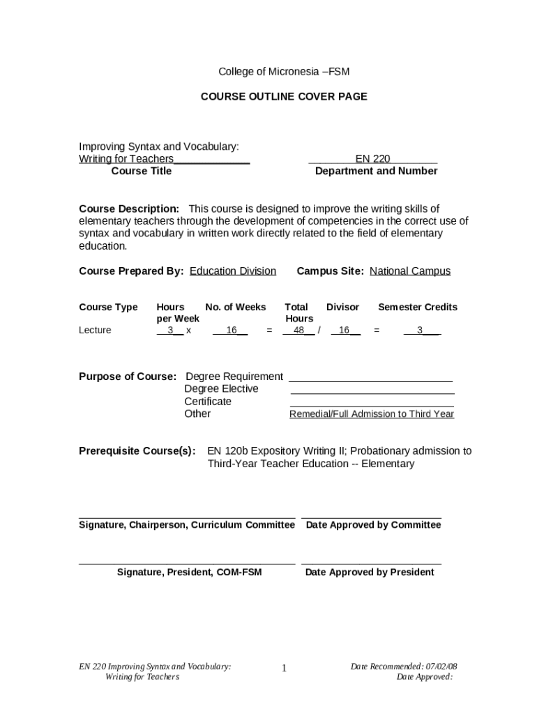 EN 220 Writing for TeachersCollege of Micronesia Doc Template | pdfFiller