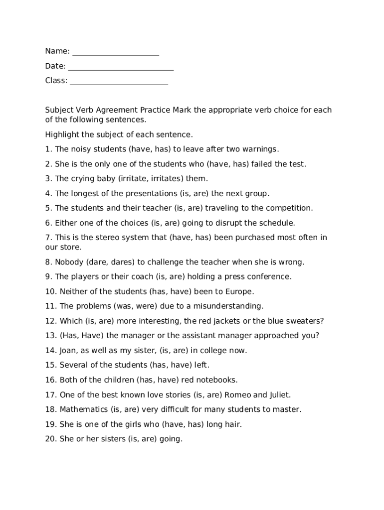 Subject-verb Agreement Practice.docx Doc Template | pdfFiller