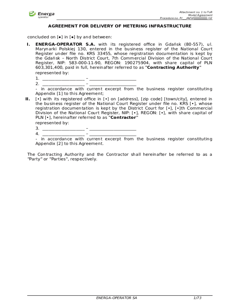 AGREEMENT FOR DELIVERY OF METERING INFRASTRUCTURE Doc Template | pdfFiller