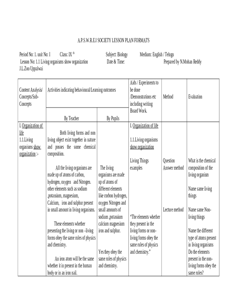 ORISE Lesson Plan: Organization of Multicellular Organisms Doc Template ...