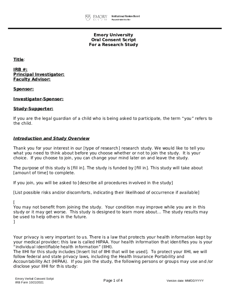 SaaS Verbal Consent HIPAA authorization - Emory IRB - irb emory Doc ...