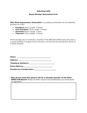 Board Nomination - WILD WIND HOA Doc Template | pdfFiller