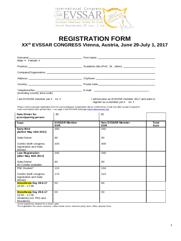 REGISTRATION XX th EVSSAR CONGRESS ... Doc Template | pdfFiller