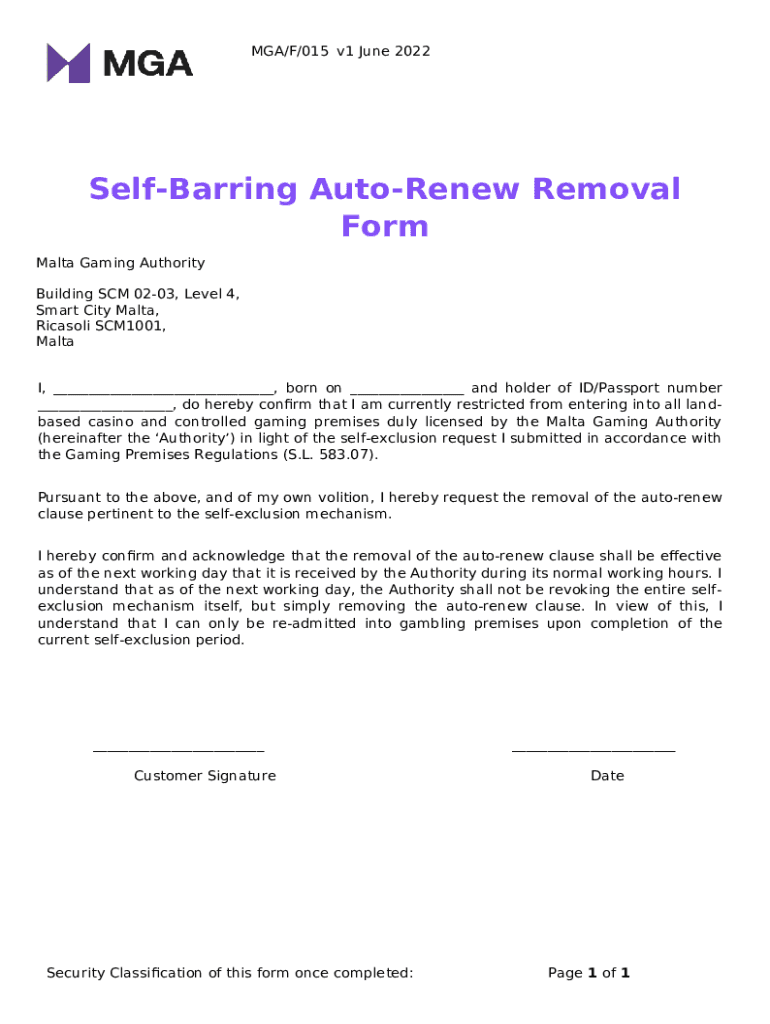 Self-Barring Auto-Renew Removal Doc Template | pdfFiller