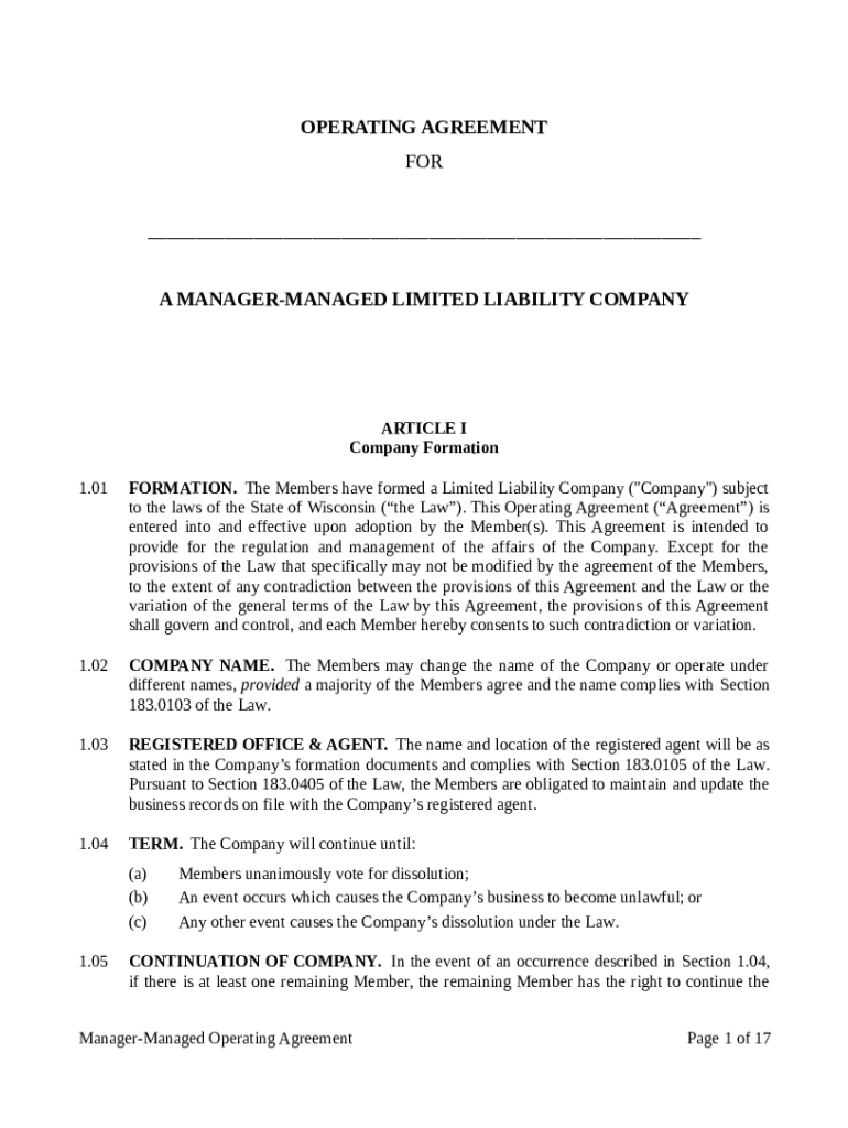 Fillable Online Wisconsin Manager-Managed LLC Operating Agreement Fax ...
