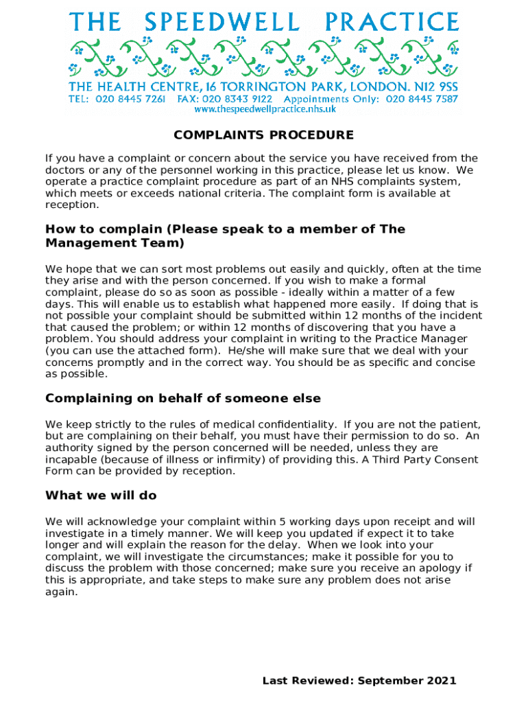 PATIENT COMPLAINT LEAFLET/ - The Doctor's House Doc Template | pdfFiller