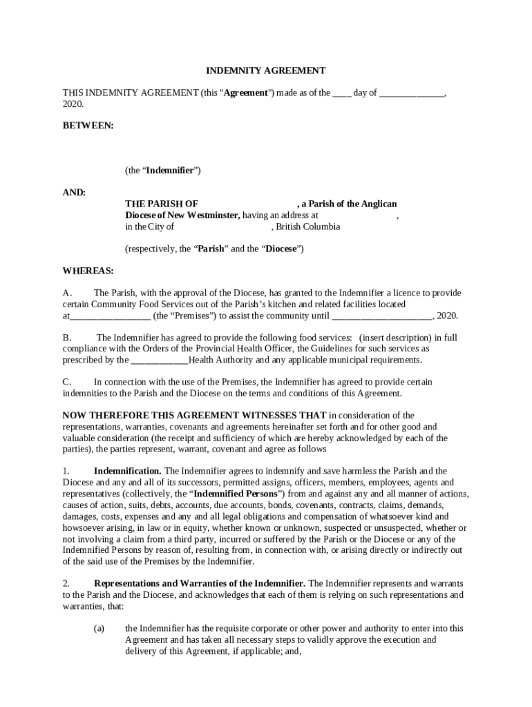 THIS INDEMNITY AGREEMENT (this "Agreement") made as of the day of , 2020 Doc Template | pdfFiller