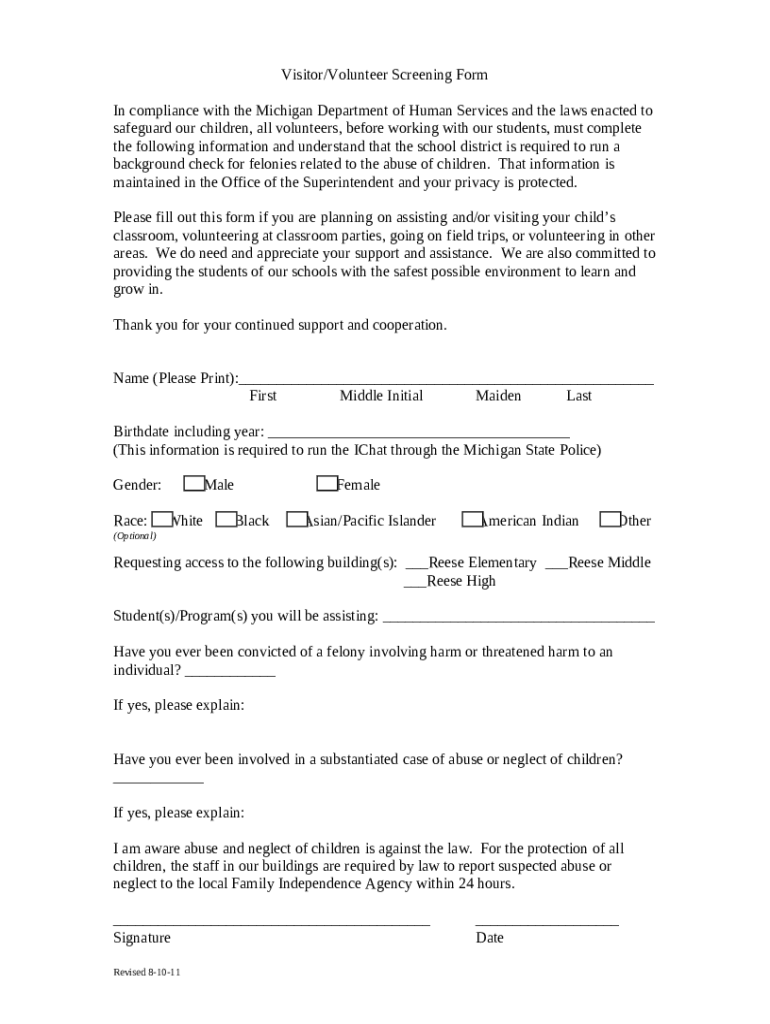 Visitor/Volunteer Screening 2023-2024 Doc Template | pdfFiller