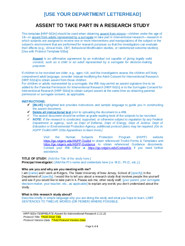 Consent and Assent Templates - research rutgers Doc Template | pdfFiller