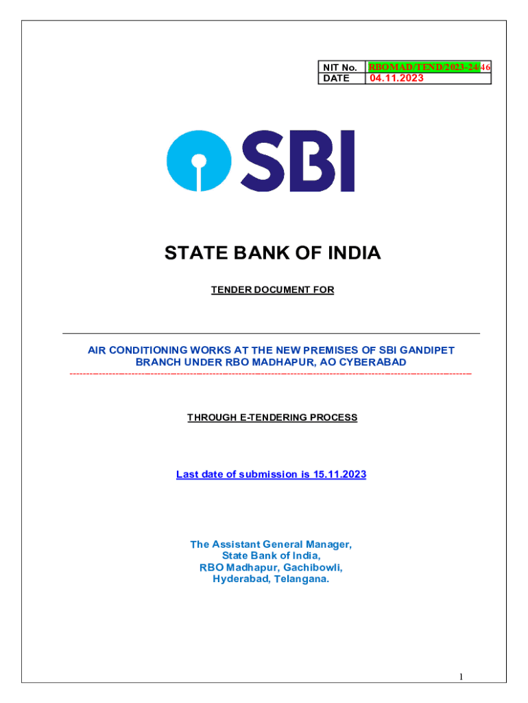 Fillable Online TENDER FOR HVAC WORKS OF SBI GANDIPET, UNDER RBO ...