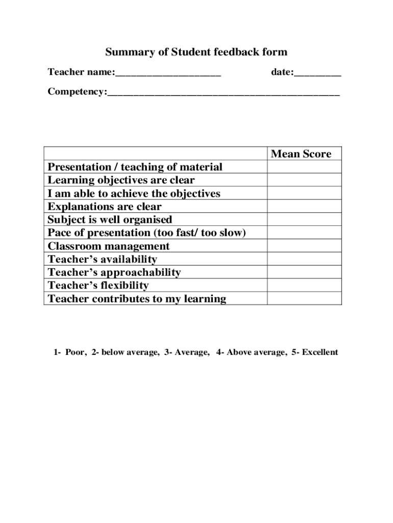 Fillable Online Summary of Student feedback form Fax Email Print ...