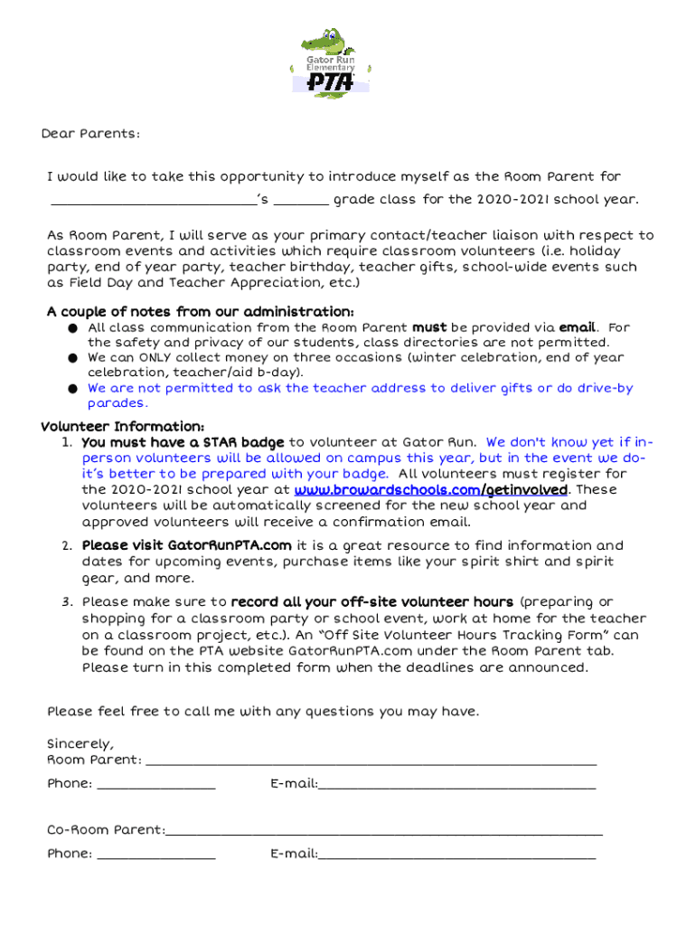 How to Write a Room Mom Letter to Parents Doc Template | pdfFiller