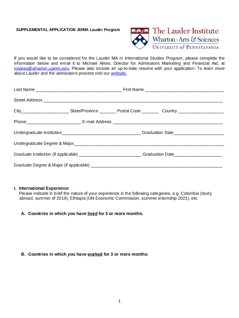 SUPPLEMENTAL APPLICATION JD/MA Lauder Program - lauder wharton upenn Doc Template | pdfFiller