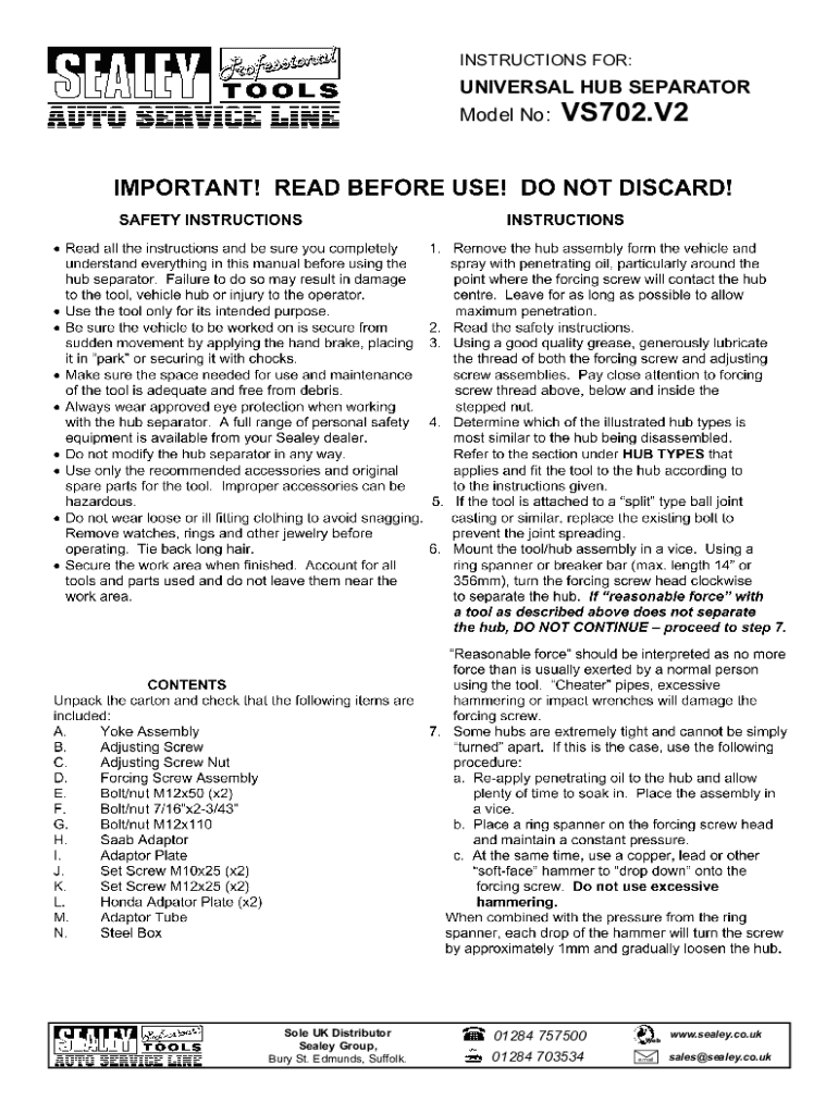 Fillable Online UNIVERSAL HUB SEPARATOR Model No: VS702.V2 Fax Email ...