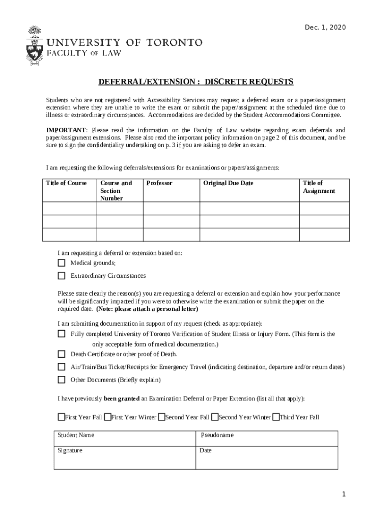 DEFERRAL/EXTENSION REQUEST FALL 2021 - handbook law utoronto Doc ...
