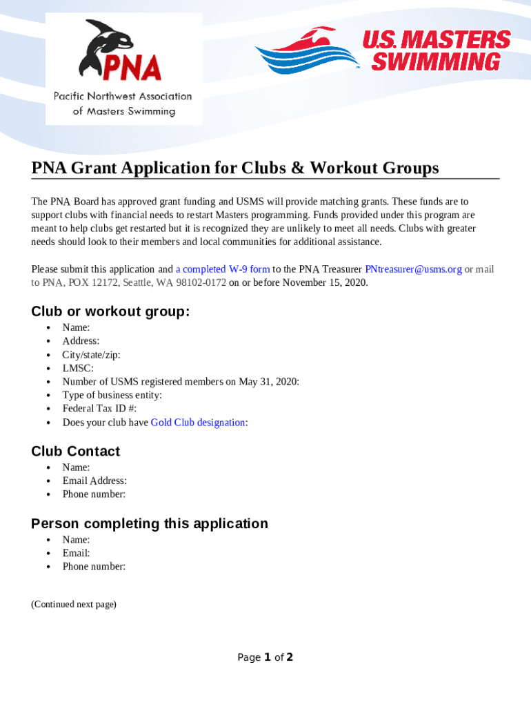 PNA Grant Application for Clubs & Workout Groups Doc Template | pdfFiller