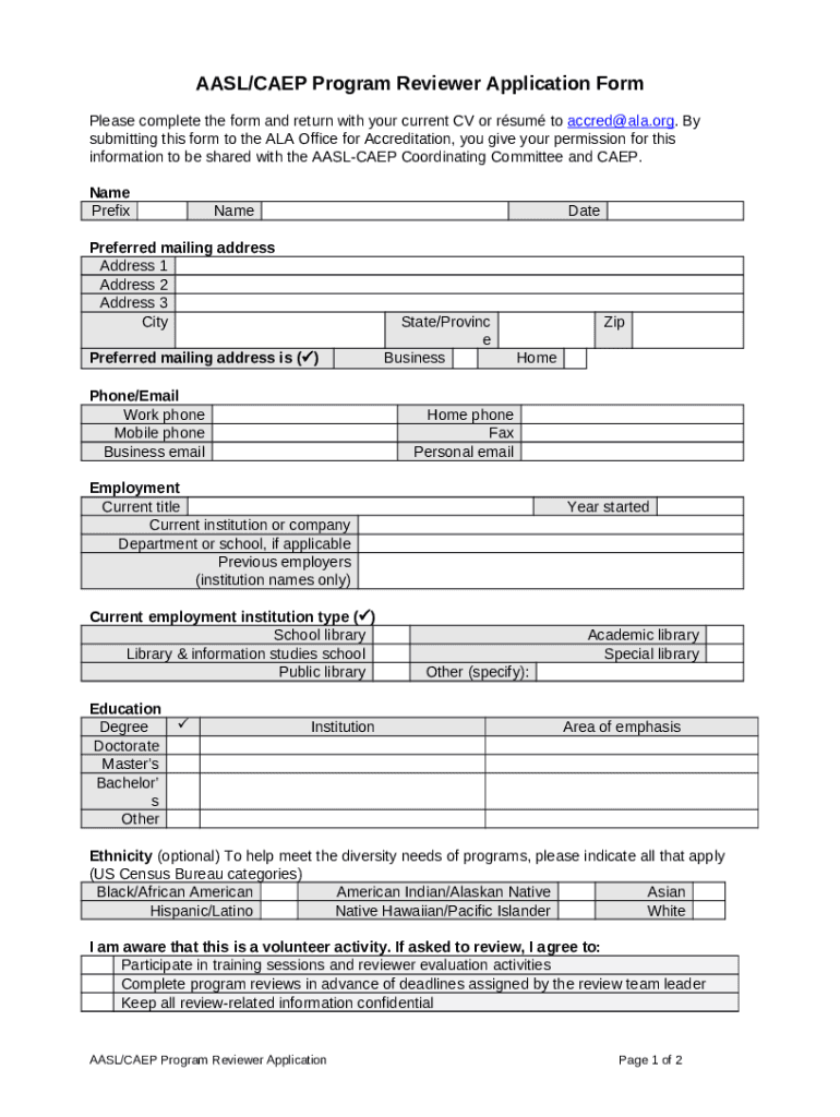 AASL/CAEP Program Reviewer Application Doc Template | pdfFiller