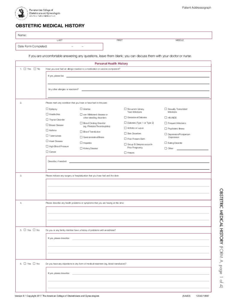 Fillable Online OBSTETRIC MEDICAL HISTORY - Partners in Women's Health ...
