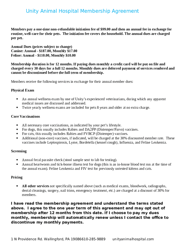 Unity Animal Hospital Membership Update Doc Template | pdfFiller