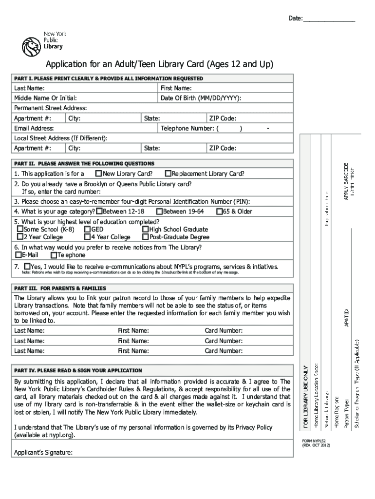 Fillable Online Library Cards and Circulation Information Fax Email ...