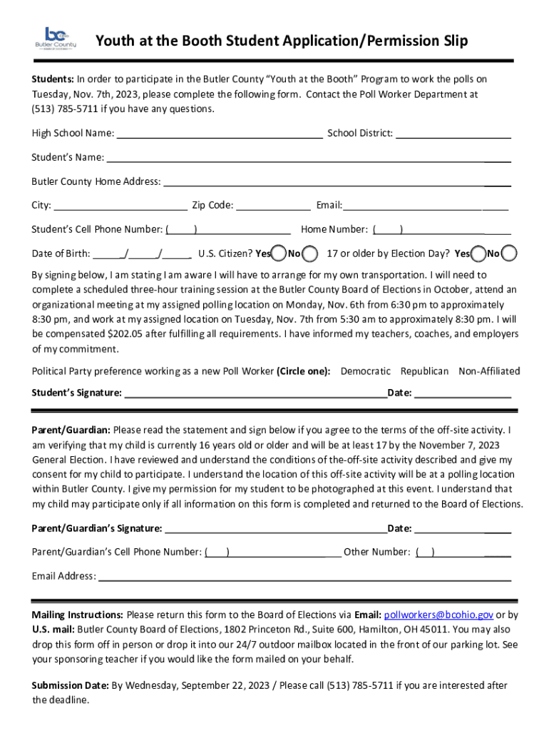 Fillable Online Youth at the Booth Student Application/Permission Slip ...
