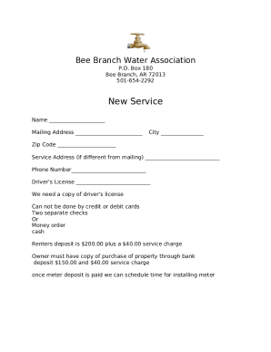 New Service Request - Bee Branch Water Association Doc Template | pdfFiller