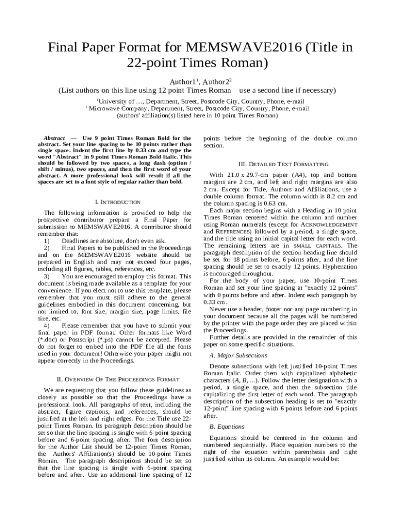 Final Paper at for the EuMC/ECWT/GAAS 2003. Author Instructions + Template Doc Template | pdfFiller