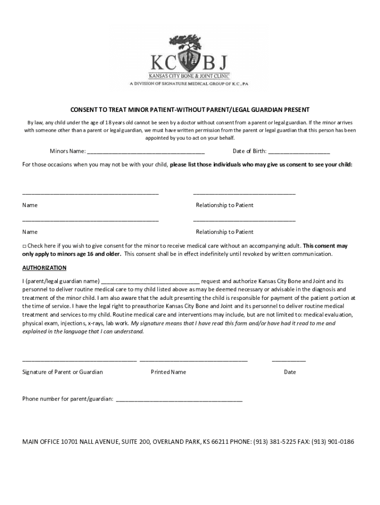Fillable Online CONSENT TO TREAT MINOR PATIENT-WITHOUT PARENT/LEGAL GUARDIAN PRESENT Fax Email ...