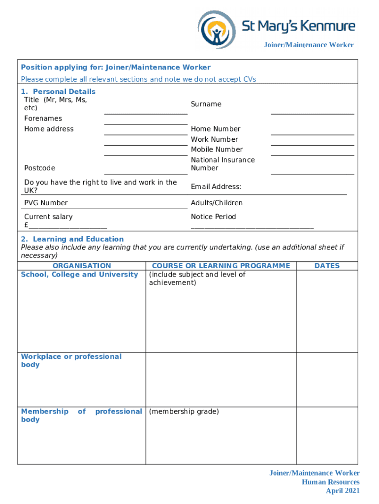 carpentry cv Doc Template | pdfFiller