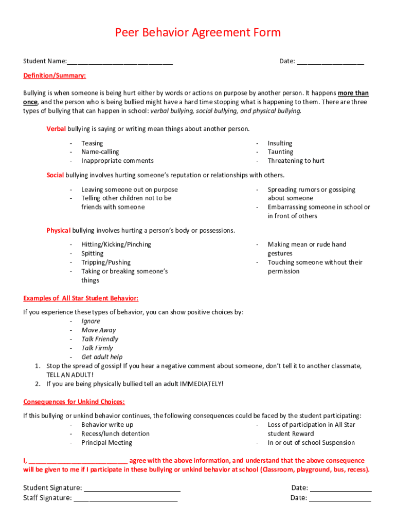 Fillable Online Peer Behavior Agreement Form Fax Email Print - pdfFiller