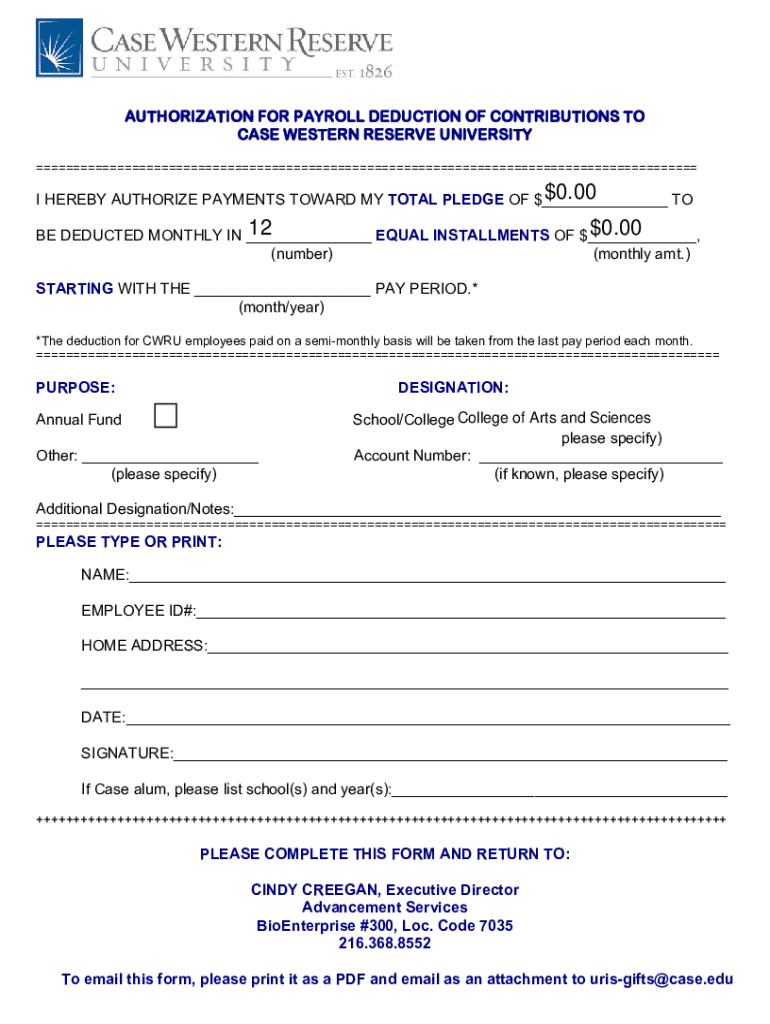 Fillable Online Payroll Deduction Authorization Form for Giving Fax ...