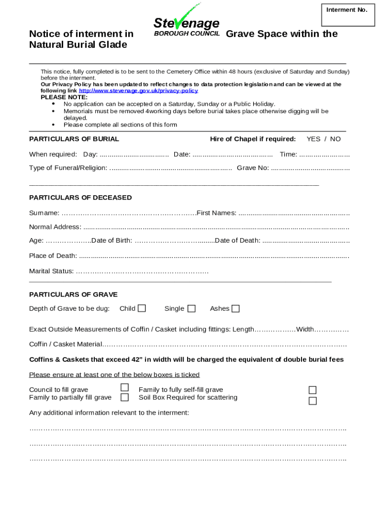 Notice of interment in Grave Space - Natural Burial Glade Doc Template ...