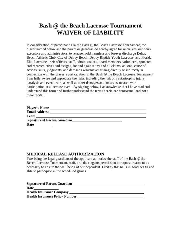 Bashthe Beach Lacrosse Tournament WAIVER OF ... Doc Template | pdfFiller