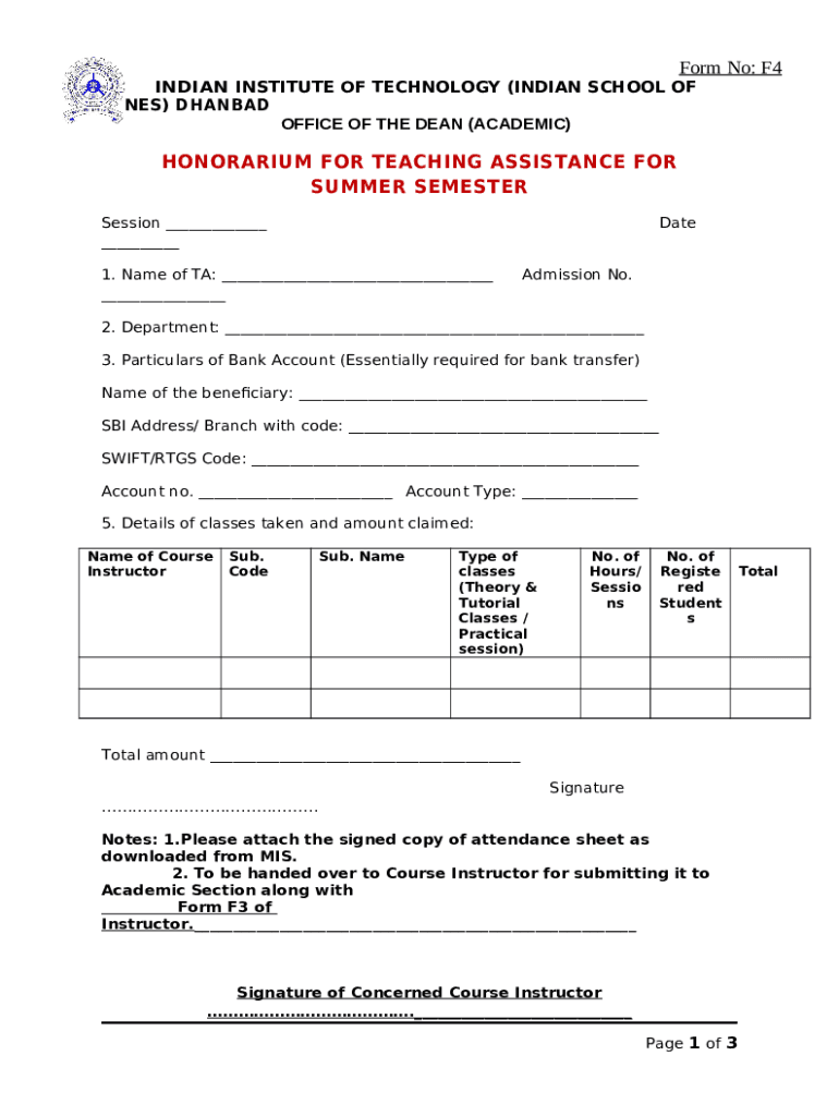 No: F4 HONORARIUM FOR TEACHING ... Doc Template | pdfFiller