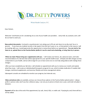 Fillable Online 1 Whole Health Catalysts, P.C. Dear Patient, Welcome ...
