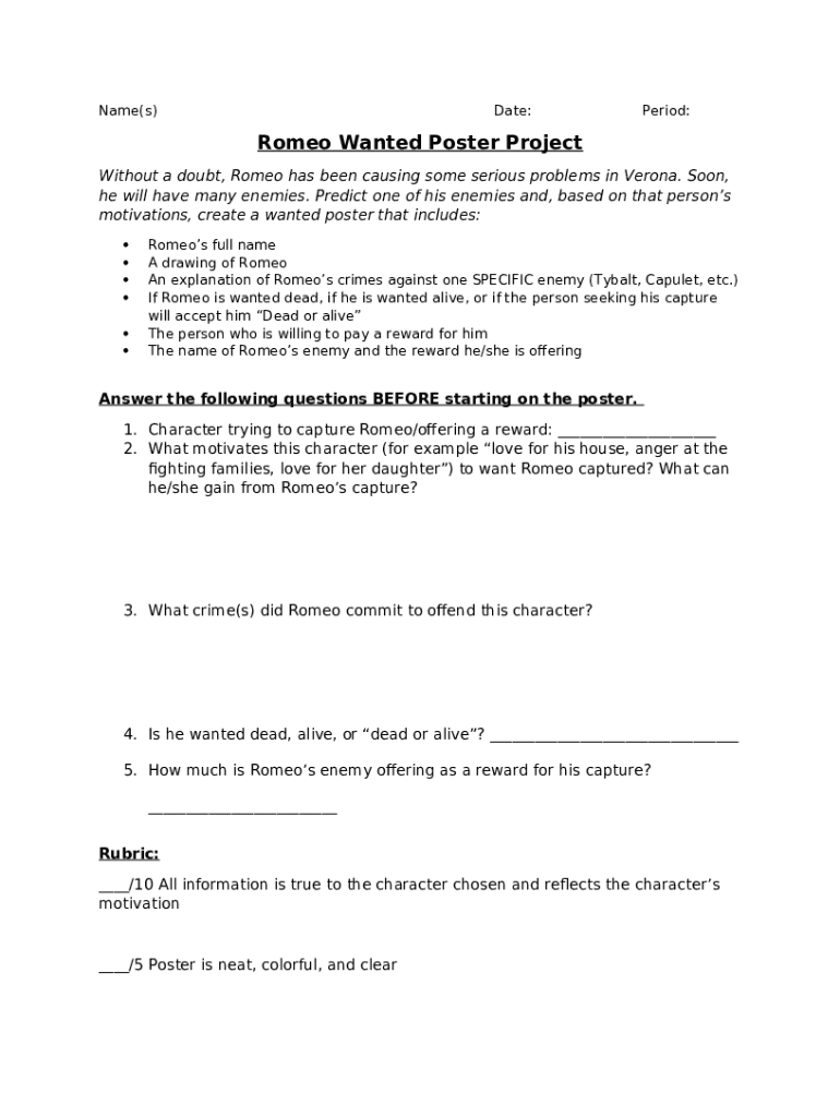 Romeo Wanted Poster Project Doc Template | pdfFiller