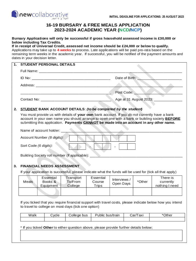 16-19 bursary & free meals application 2023-2024 ... - ncpontefract ac Doc Template | pdfFiller