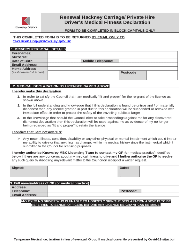 Private Hire Driver's Medical Fitness Declaration Doc Template | pdfFiller