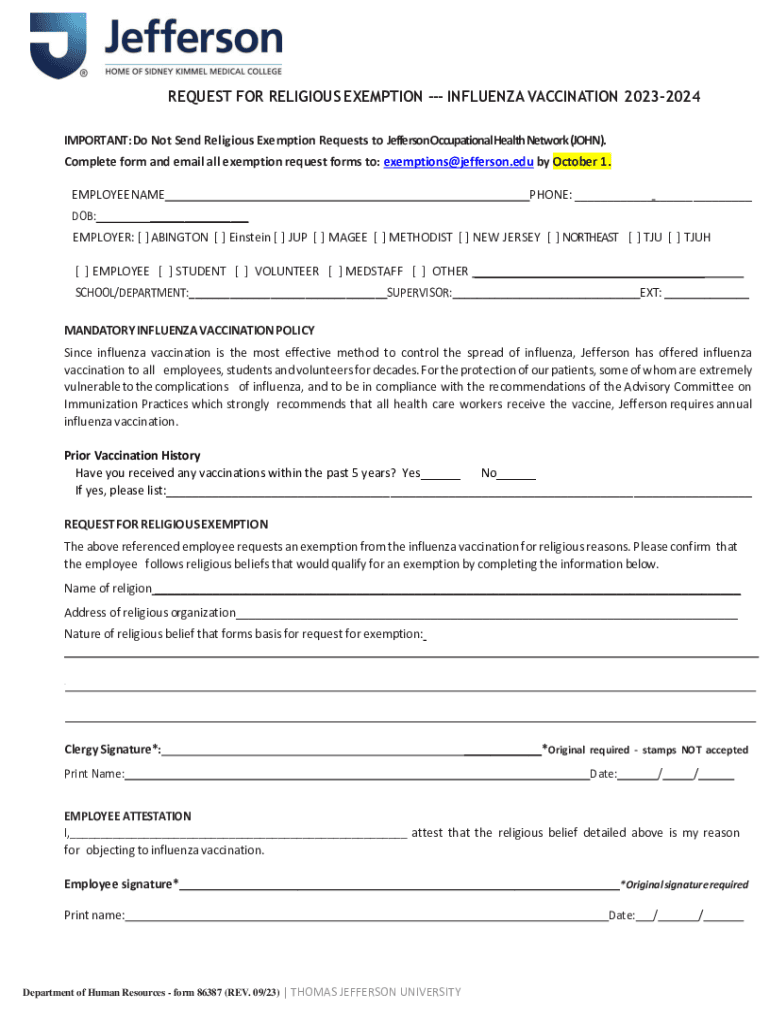 Form Request Religious Exemption - Fill Online, Printable, Fillable ...