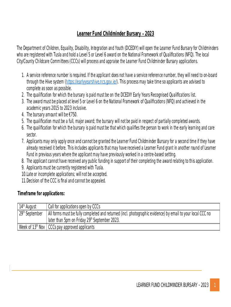 2023-Learner-Fund-Childminder-Bursary-Application- Doc Template | pdfFiller