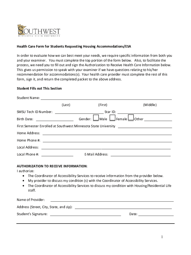 Fillable Online Health Care Form for Students Requesting Housing ...