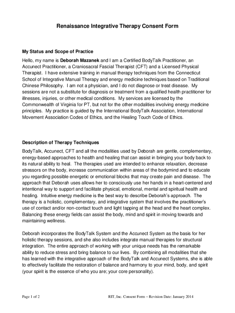 Fillable Online Renaissance Integrative Therapy Consent Form Fax Email Print - pdfFiller