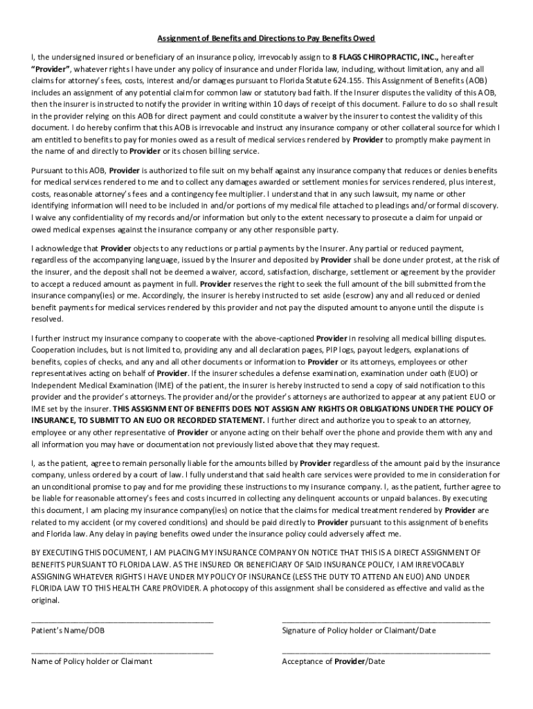 Fillable Online Assignment of Benefits and Directions to Pay Benefits ...