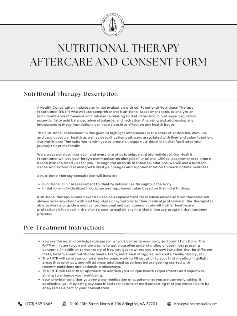 Fillable Online NUTRITIONAL THERAPY Aftercare and Consent Form Fax ...