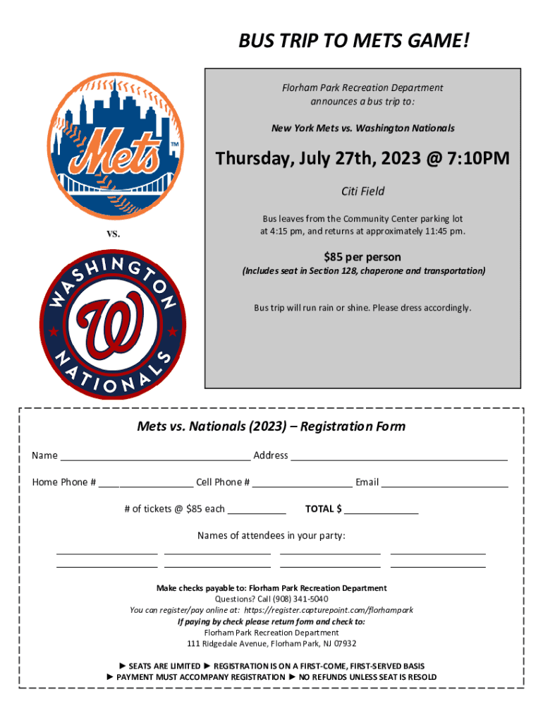 Fillable Online Florham Park Hosting Bus Trip to Mets Game on August ...